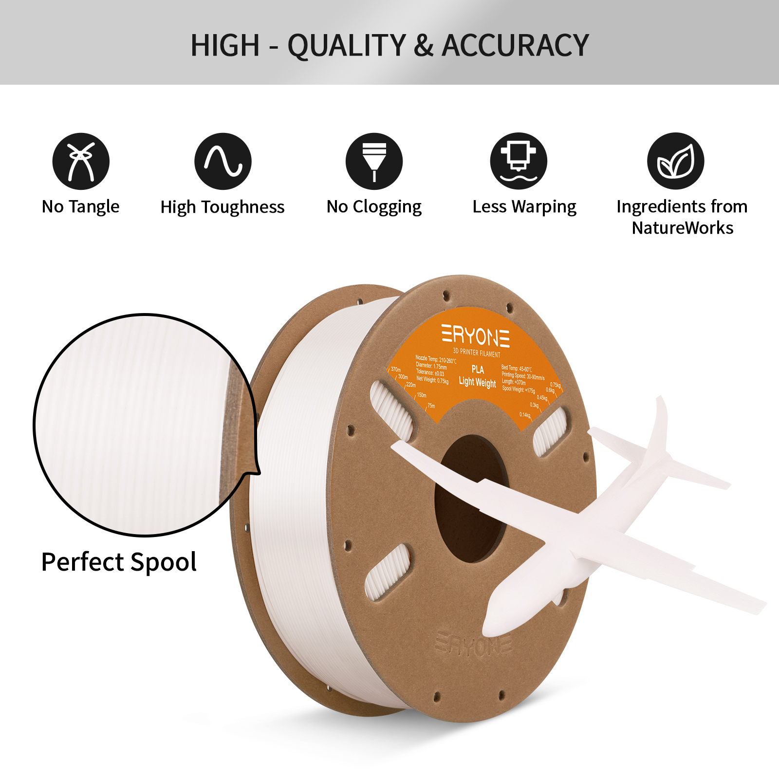 ERYONE Lightweight Nano Foaming PLA Filament for 3D Printers – White, 0 ...